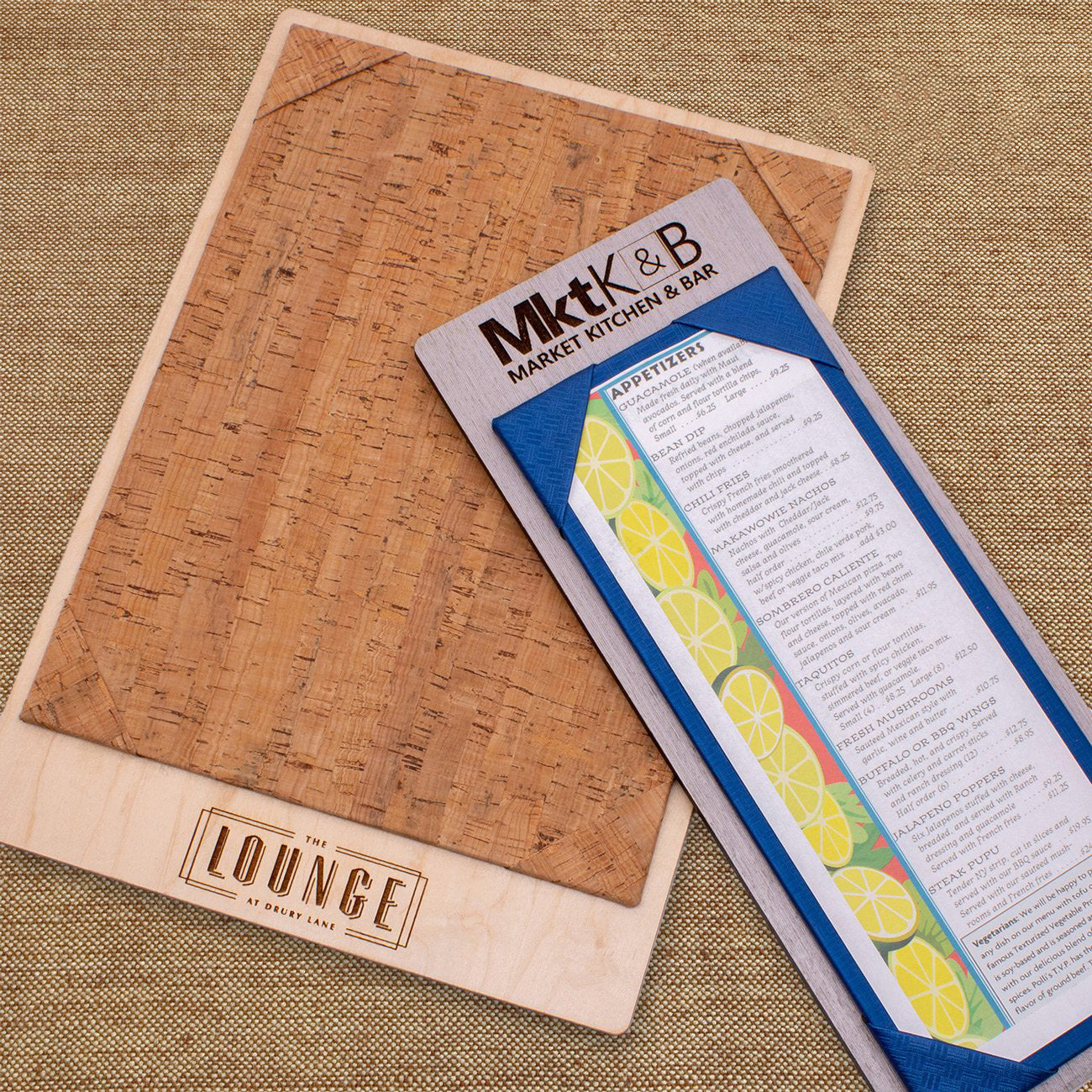 Wood Menu Boards and Menu Holders with Corner Tab Inserts